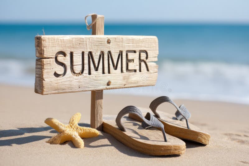 Sandals beside a Sign on a Beach with the Ocean Waves in the Background ...