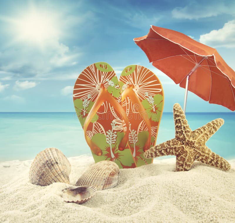 Sandals and Starfish with Umbrella at the Ocean Stock Image - Image of ...
