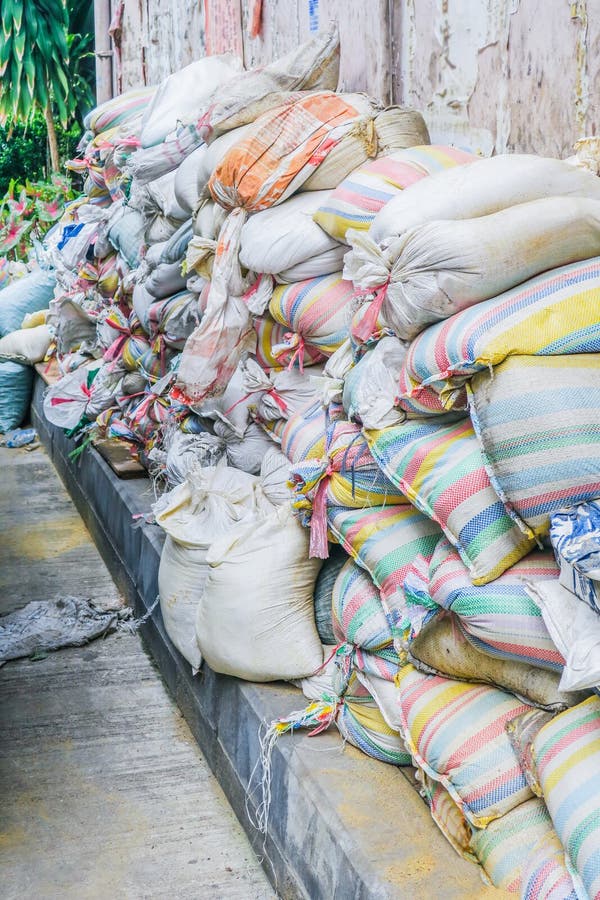 Pile Of Sandbags In Defense From The Water Stock Photo - Image of ...
