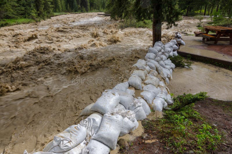 Sandbags Protection from Raging River Stock Image - Image of barricade ...