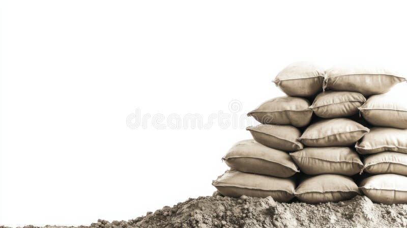 Sandbags Stacked Against a White Background in a Construction Area ...