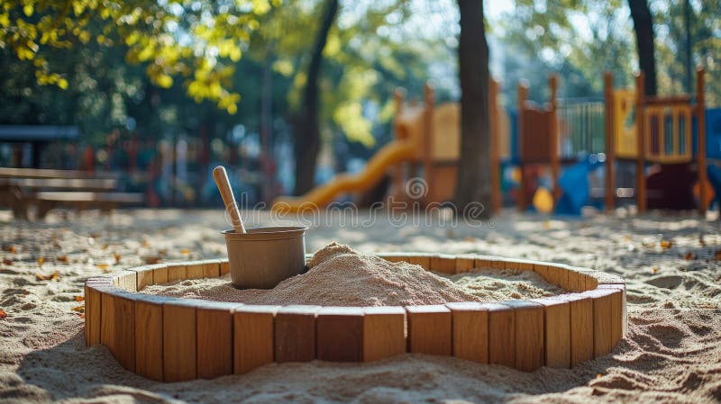Sandbox with Bucket in Sunny Playground Surrounded by Trees. Stock ...