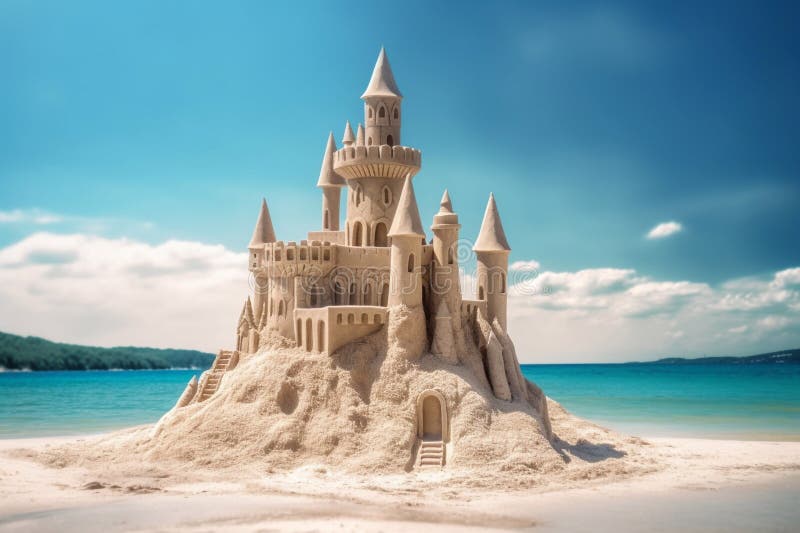 Sandcastle Beach on Bright Sky. 3d Rendering Generative AI Stock ...
