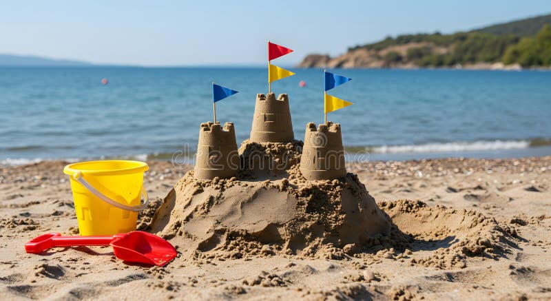 Sandcastle on the Beach with Bucket and Flags Stock Illustration ...