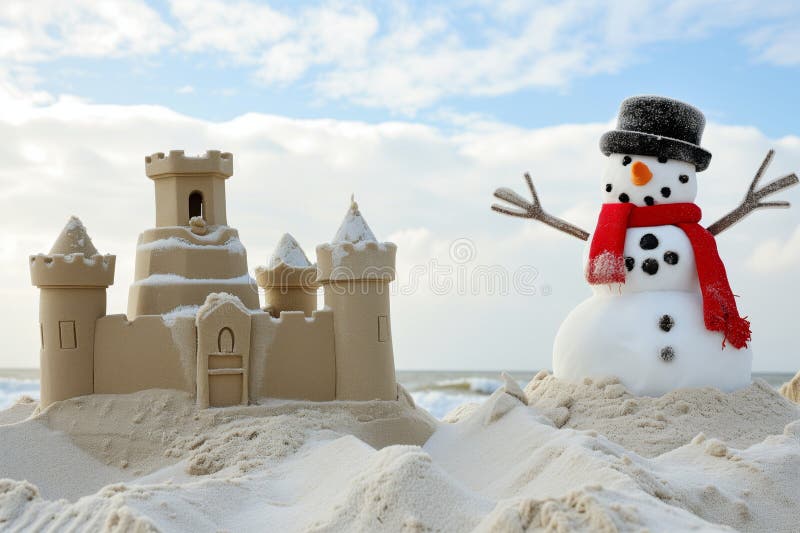Sandcastle with a Snowman Built Alongside it, Blending Sand and Snow ...