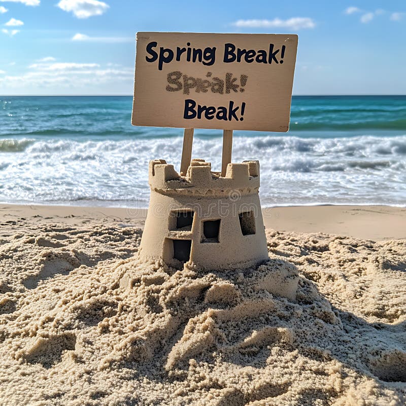 Sandcastle with â€œSpring Breakâ€ Sign on Sandy Beach, Ocean Waves in ...