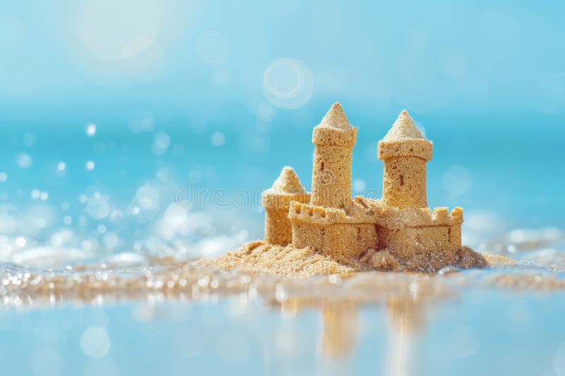 Sandcastle Stands on a Sunny Beach with the Sparkling Ocean in the ...