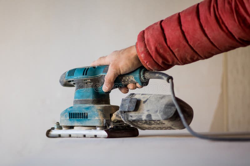 Sanding Wood Plank Using Electric Sand Machine Stock Image - Image of ...