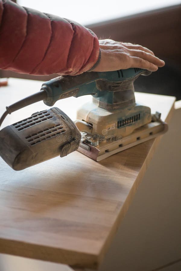 Sanding Wood Plank Using Electric Sand Machine Stock Photo - Image of ...