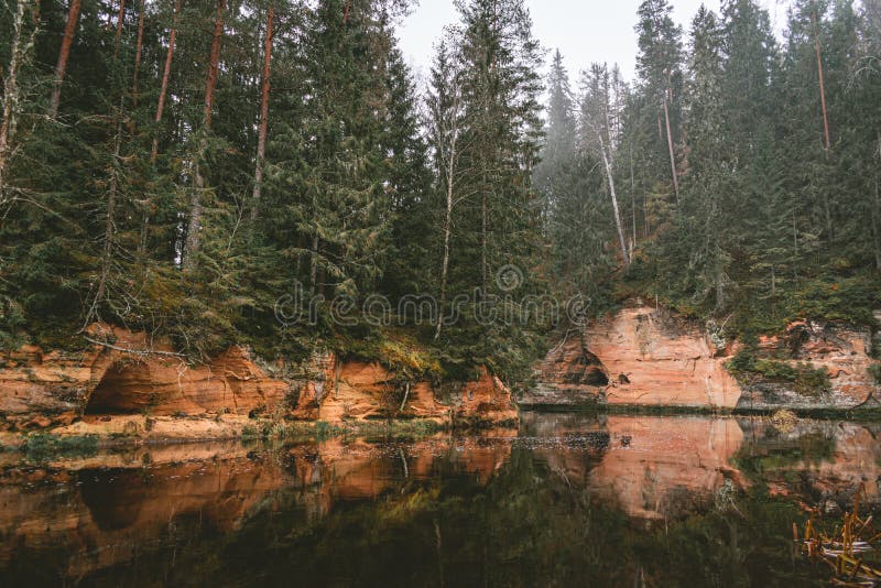 Sandstone Cliffs and a Beautiful Evergreen Forest by the Brasla River ...