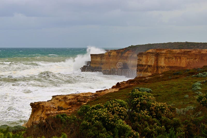 Sandstone Cliffs with Big Waves on Great Ocean Road Stock Photo - Image ...