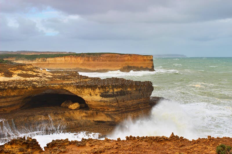 Sandstone Cliffs with Big Waves on Great Ocean Road Stock Photo - Image ...