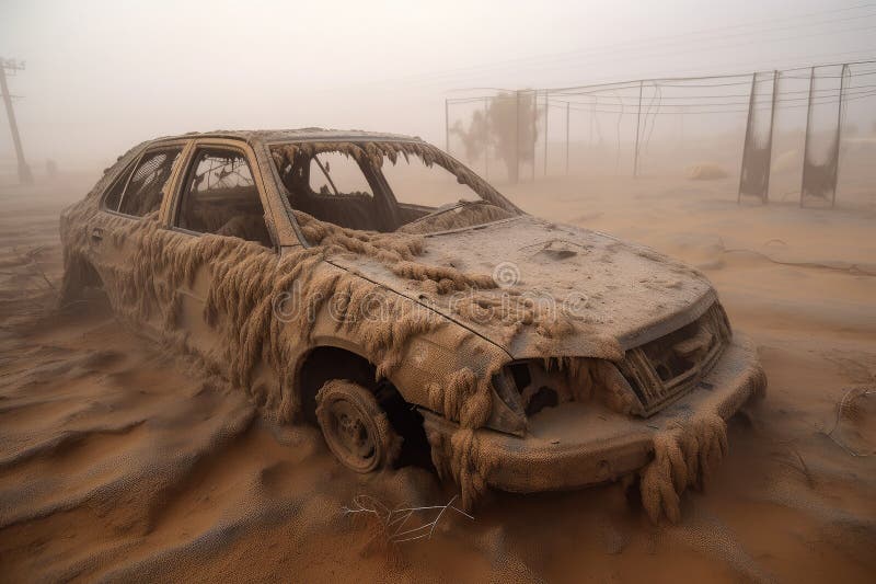 Sandstorm Batters Abandoned Car, with only a Skeleton Inside Stock ...