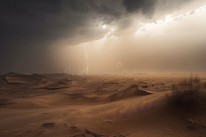 Sandstorm in the Desert, with Dramatic Lightning and Thunder Stock ...