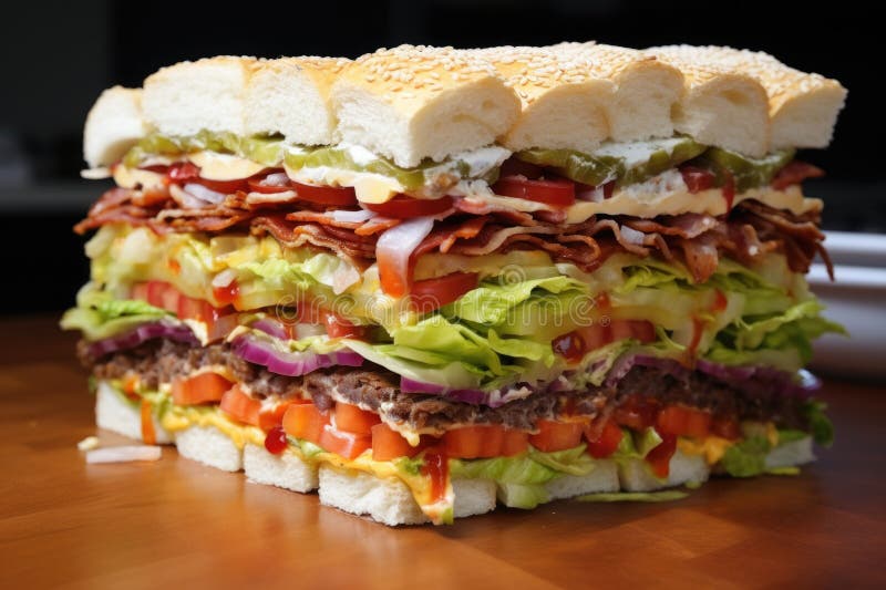 Sandwich Assembly Process with Layers of Fillings Stock Image - Image ...