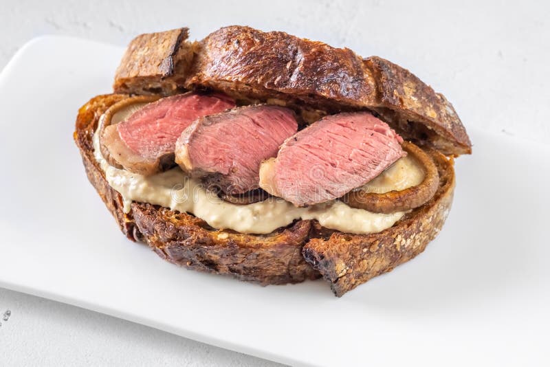 Sandwich with Beef Steak and Mushrooms Stock Photo - Image of bread ...