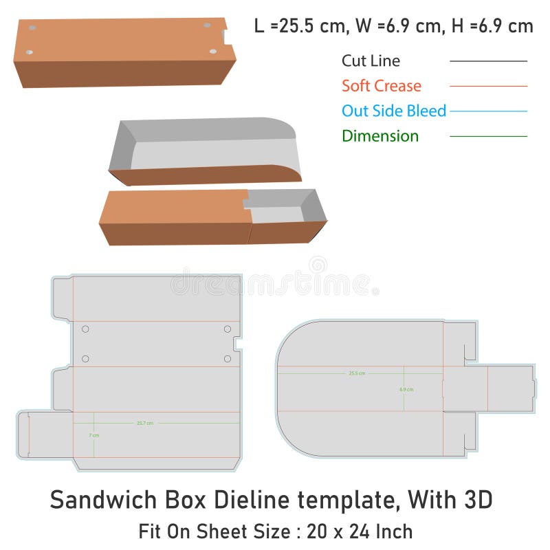 Sandwich Box Dieline Template, and 3D, Vector File Stock Vector ...