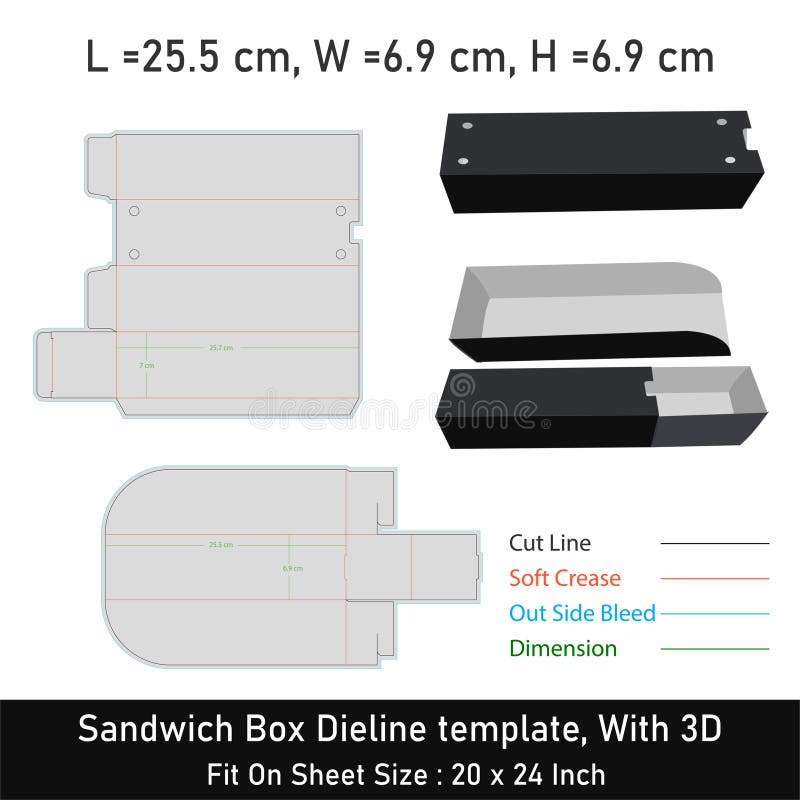 Sandwich Box Dieline Template, with 3D, Vector Stock Vector ...