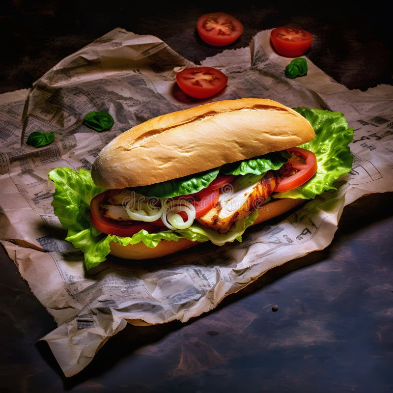 Sandwich with Chicken, Tomato and Fresh Lettuce Served on Baking Paper ...