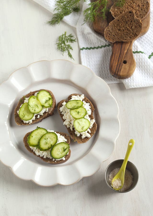 Sandwich with Cream Cheese, Cucumber and Pink Salt Stock Photo - Image ...
