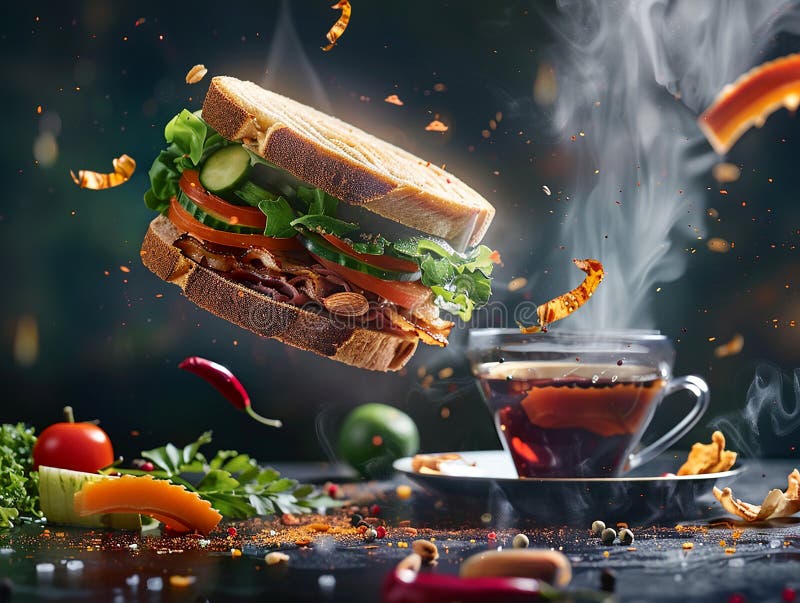 Sandwich Falling into Cup of Tea Stock Illustration - Illustration of ...