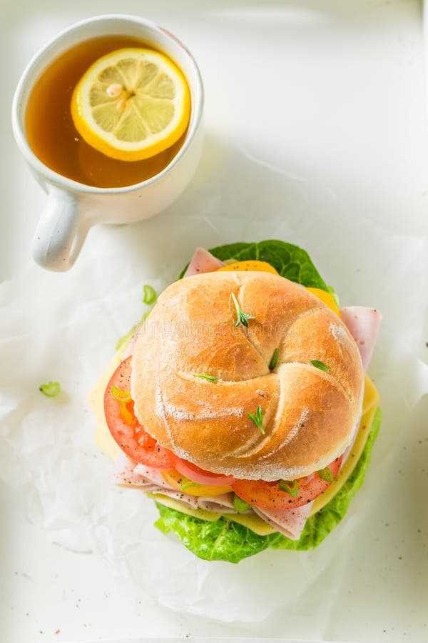 Sandwich with Fresh Ingredients and Hot Tea Stock Image - Image of fast ...