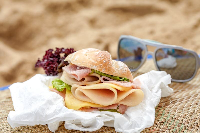 Sandwich with Ham and Cheese on a Beach Stock Photo - Image of travel ...