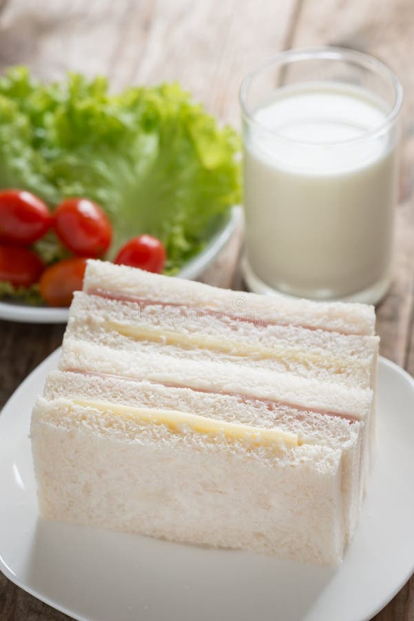 Sandwich, Ham with Cheese and Milk on Wood Table. Stock Image - Image ...