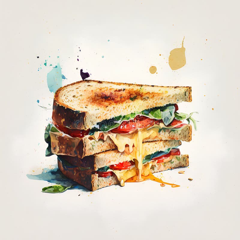 Sandwich with Ham, Cheese, Tomato and Lettuce. Watercolor Illustration ... Sandwich with Ham, Cheese, Tomato and Lettuce. Watercolor Illustration ...