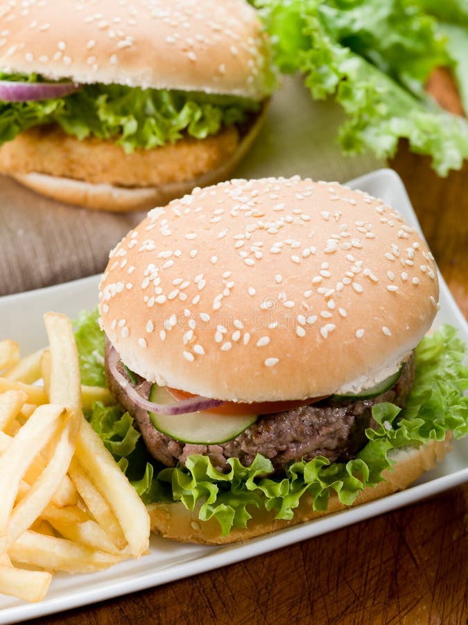 Sandwich with Hamburger and Fried Stock Photo - Image of dinner, green ...