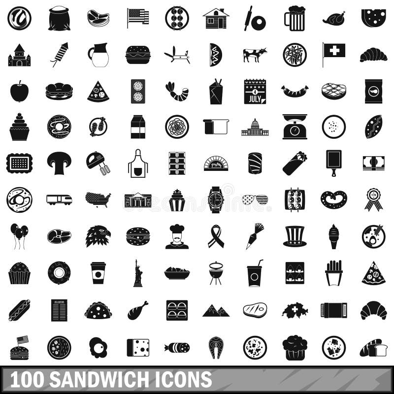 100 Sandwich Icons Set, Simple Style Stock Vector - Illustration of ...