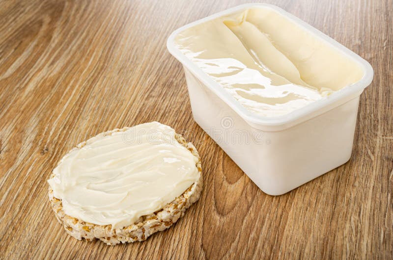 Sandwich with Melted Cheese, Plastic Box with Cream Cheese on Table ...