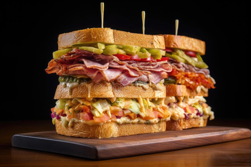 Sandwich with Overflowing Fillings on a Board Stock Image - Image of ...