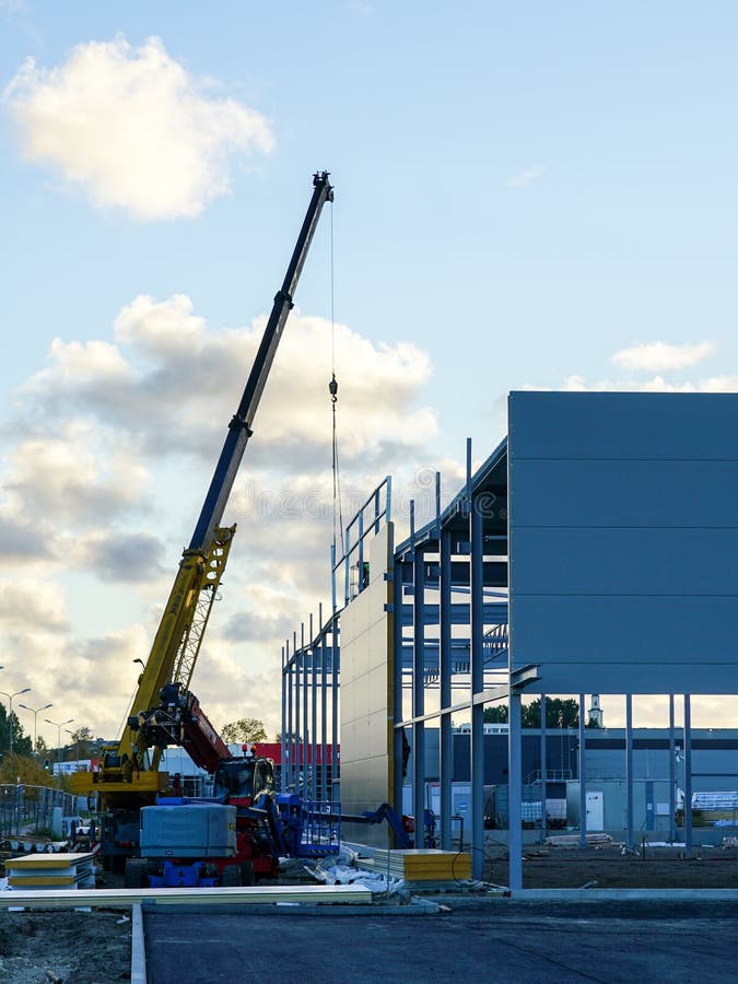 Sandwich Panel Wall Assembly on an Assembled Steel Frame of a New ...