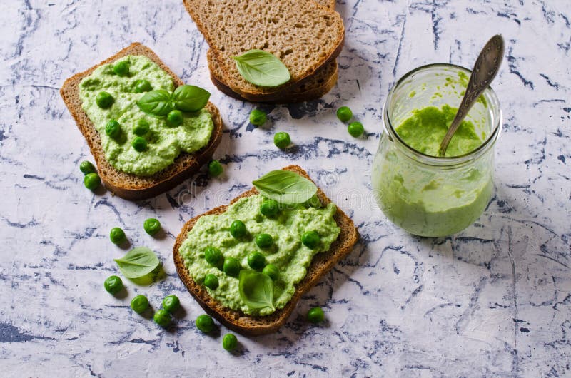 Sandwich with pea puree stock photo. Image of bruschetta - 69721526