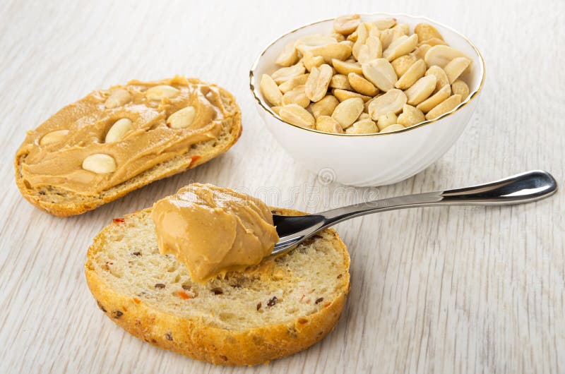 Sandwich with Peanut Butter, Peanut in Bowl, Spoon with Paste on Bread ...