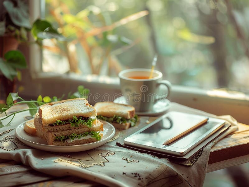 Sandwich and tea on plate stock illustration. Illustration of morning ...