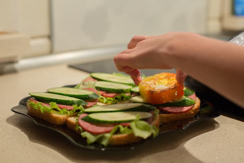 Sandwich Preparation in the Middle of Process Stock Image - Image of ...