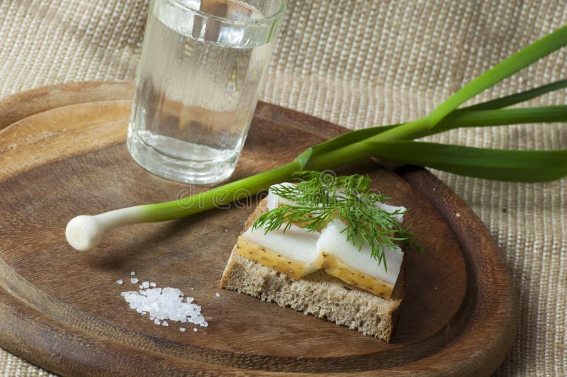 Sandwich with Salted Lard on Rye Bread and Vodka and Garlic Stock Photo ...