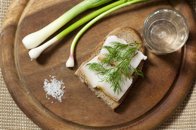 Sandwich with Salted Lard on Rye Bread and Vodka Stock Image - Image of ...