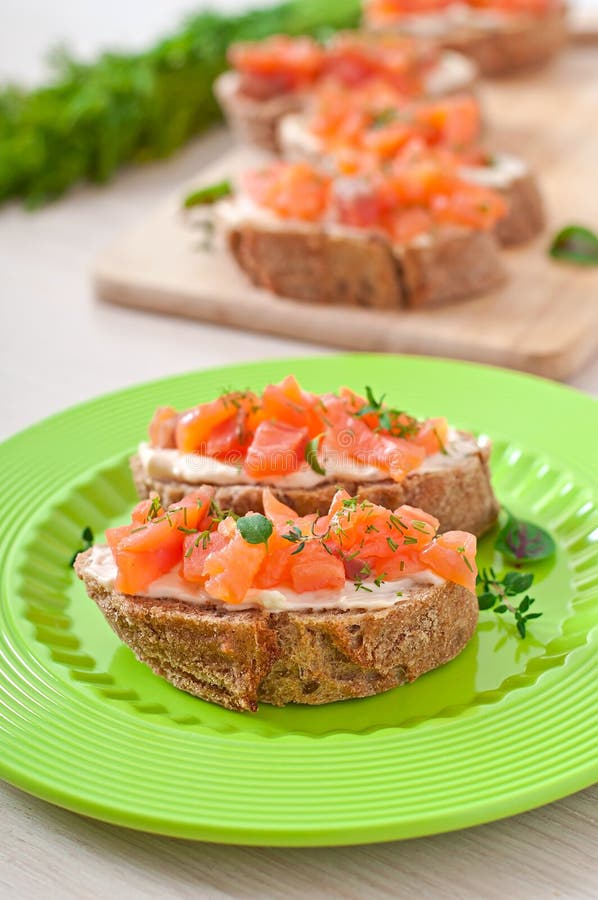 Sandwich with Salted Salmon and Cream Cheese. Stock Image - Image of ...