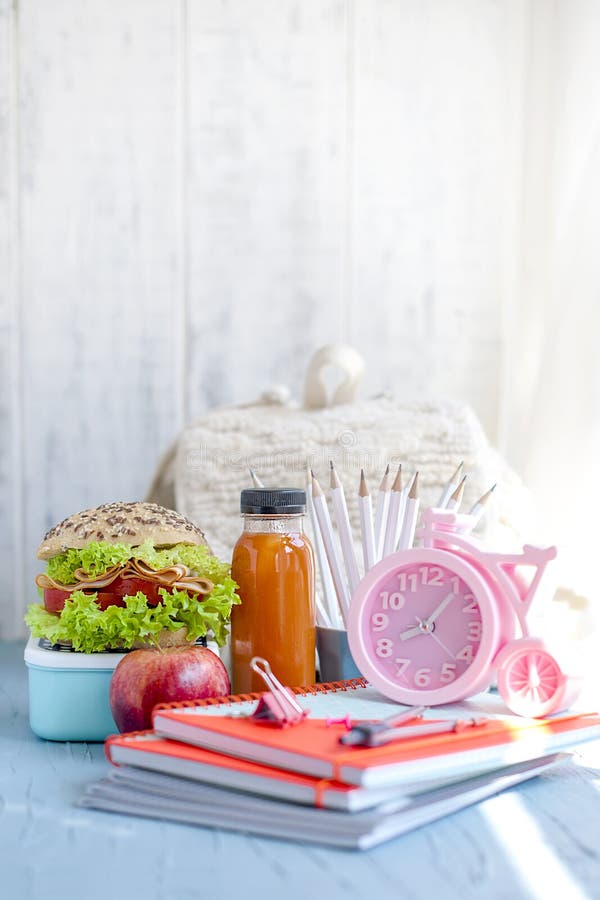 Sandwich For School Lunch And Juice, Healthy Lunch. School Books On The ...