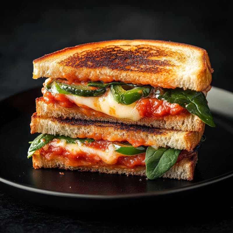 Sandwich with Three Layers of Bread and Cheese, and a Green Leaf on Top ...