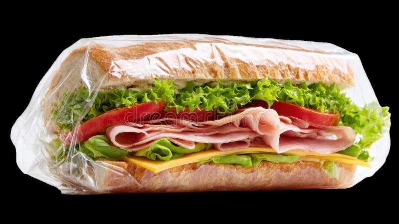 Sandwich Wrapped in Compostable Clear Wrap on Transparent Background ...
