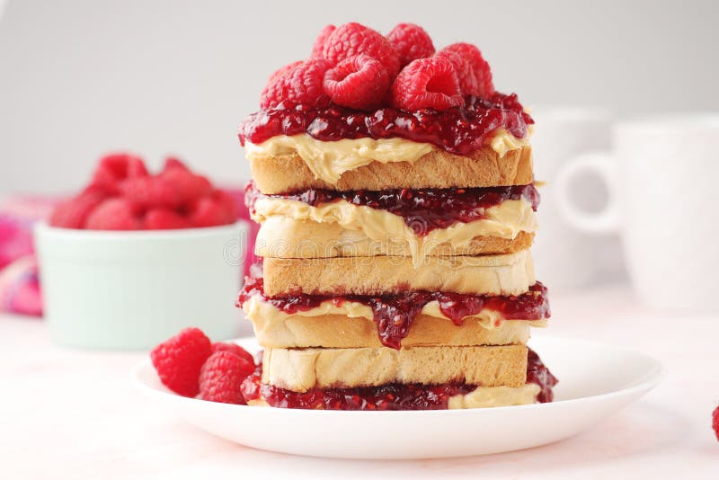 Sandwiches with Peanut Butter and Raspberry Jam Stock Image - Image of ...
