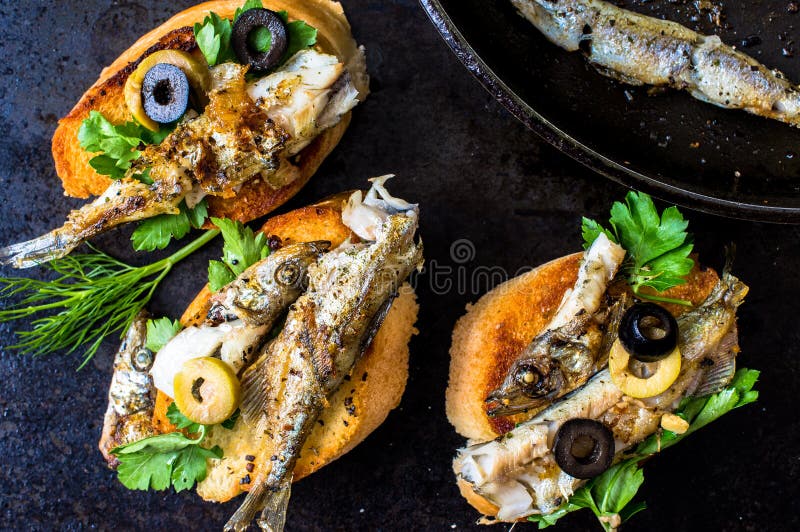 Sandwiches, Tapas with Grilled Fish Stock Image - Image of sandwich ...