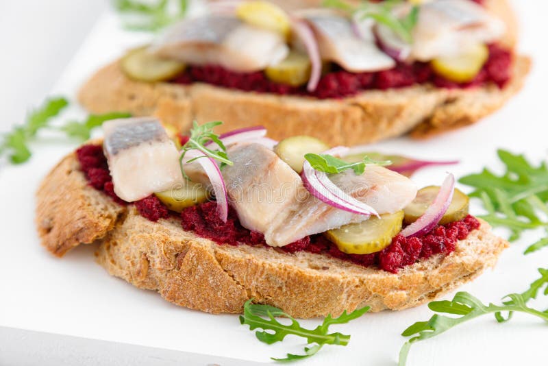 Sandwiches, Toasts with Salted Herring and Beetroot Pate Stock Photo ...