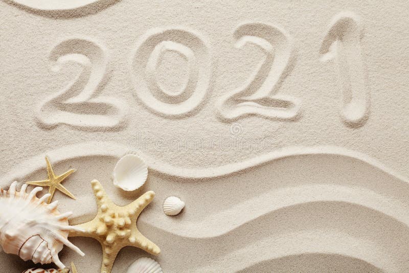 Sandy Beach Background Seashells 2021 Year Text Written Sand Stock ...