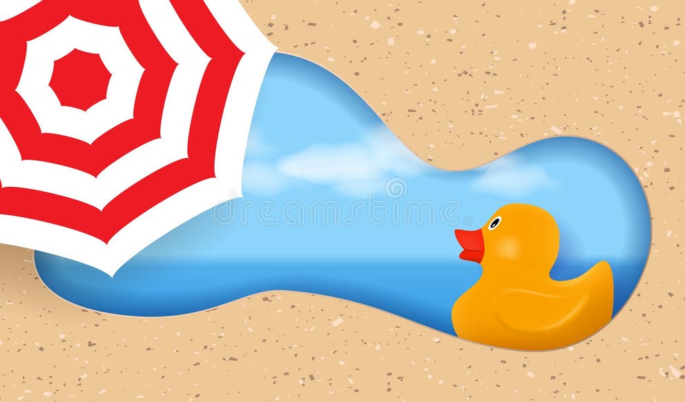 Sandy Beach Background with Beach Umbrella and Yellow Rubber Duck Stock ...