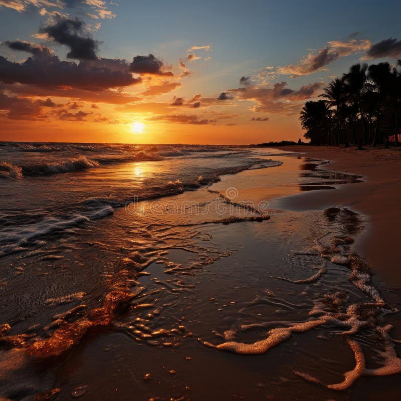 Sandy Beach with a Beautiful Sunset and Breaking Waves Stock ...